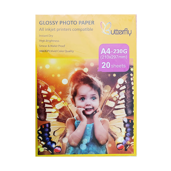 Butterfly A4 Photo Paper 230gm Glossy 20 Sheets – thestationerycompany.pk